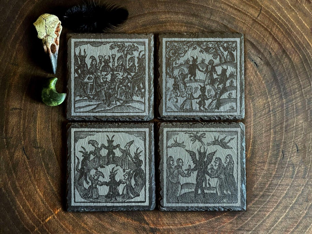 Woodcut Style Slate Witch & Devil Coasters, Gothic Witchy Decor, Pagan ...