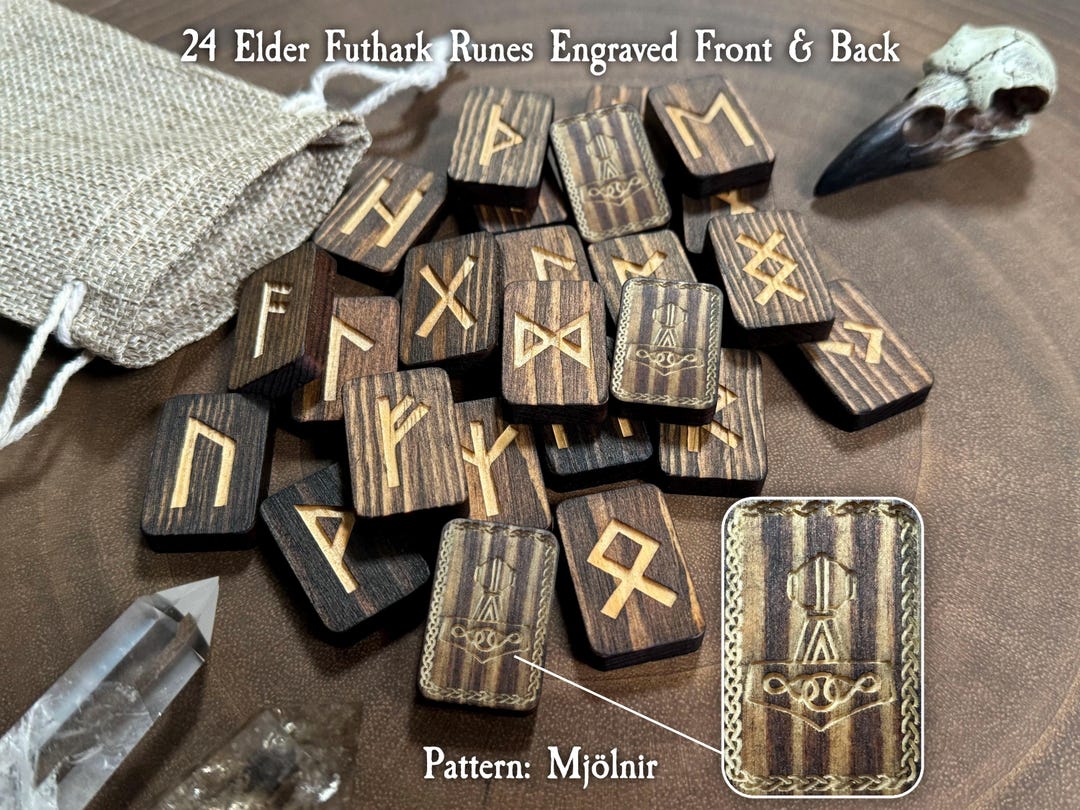Wooden Engraved Elder Futhark Viking Norse Runes, 24 Runes Gift Set ...