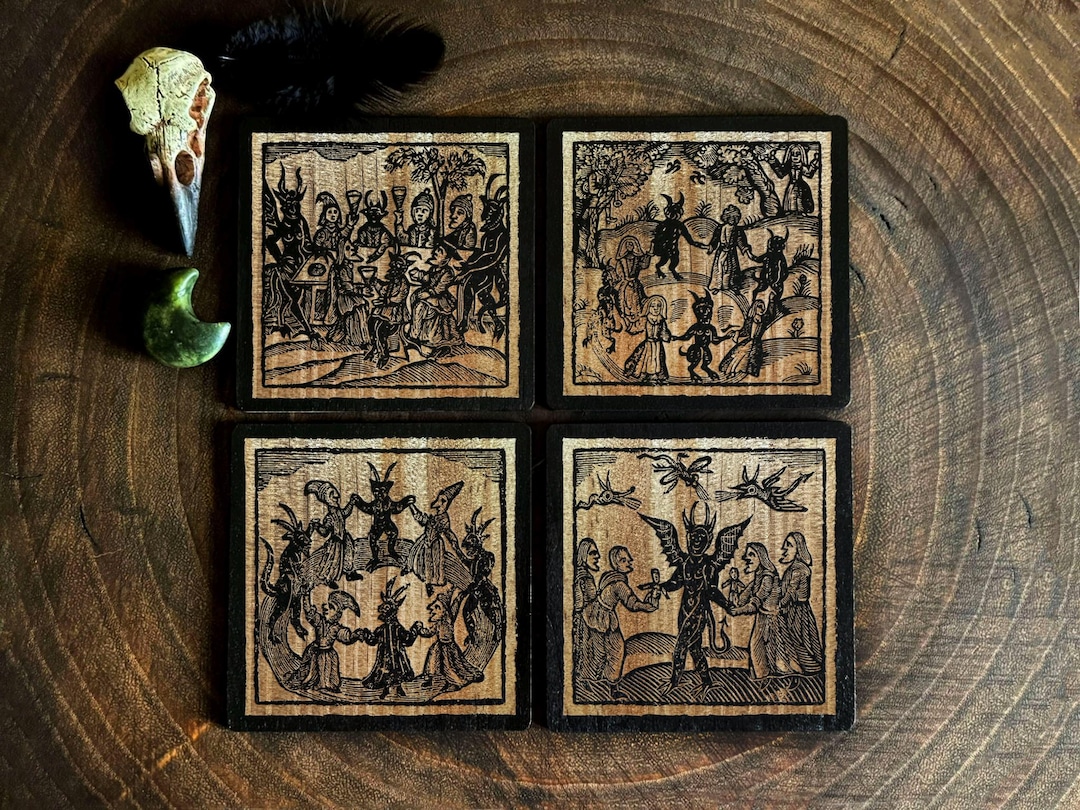 Woodcut Witch & Devil Solid Wood Coasters, Gothic Witchy Decor, Pagan ...