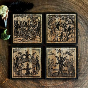 Woodcut Witch & Devil Solid Wood Coasters, Gothic Witchy Decor, Pagan ...