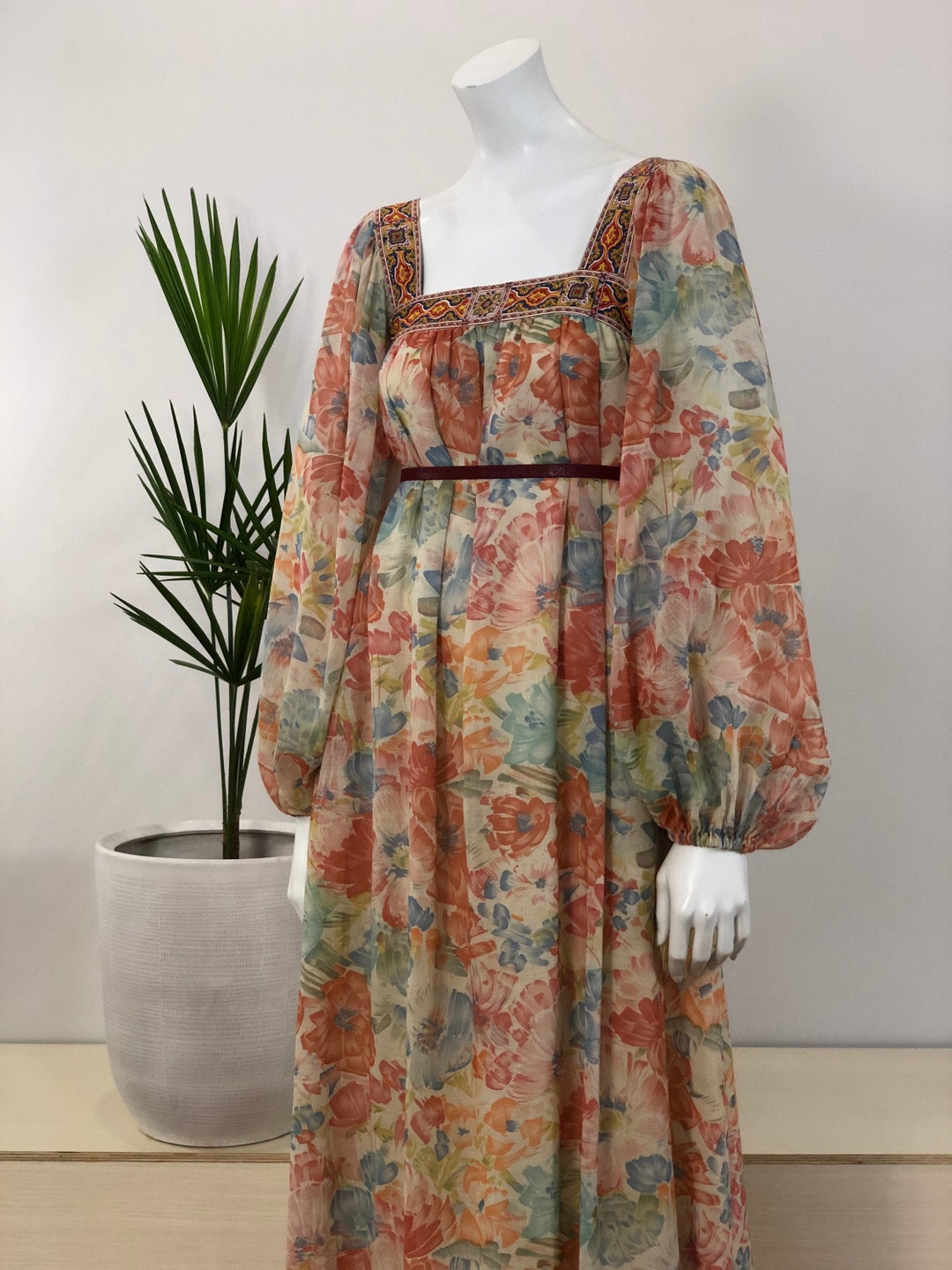 Vintage Tina Leser Watercolor Floral Print Maxi Dress W/ Full Sleeve ...