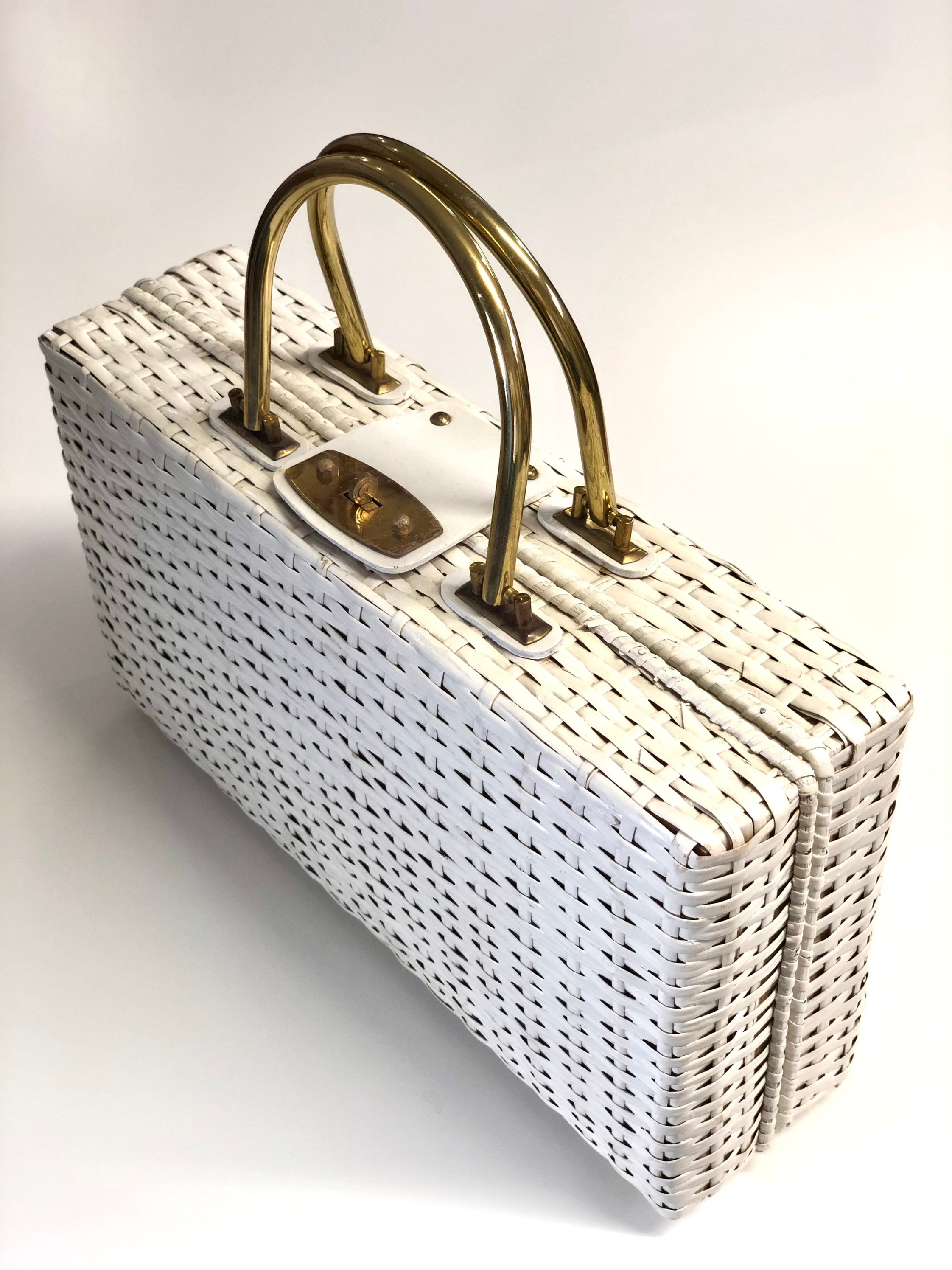 Vintage Magid Large White Woven Cane Wicker Box Handbag W/ Brass Loop ...