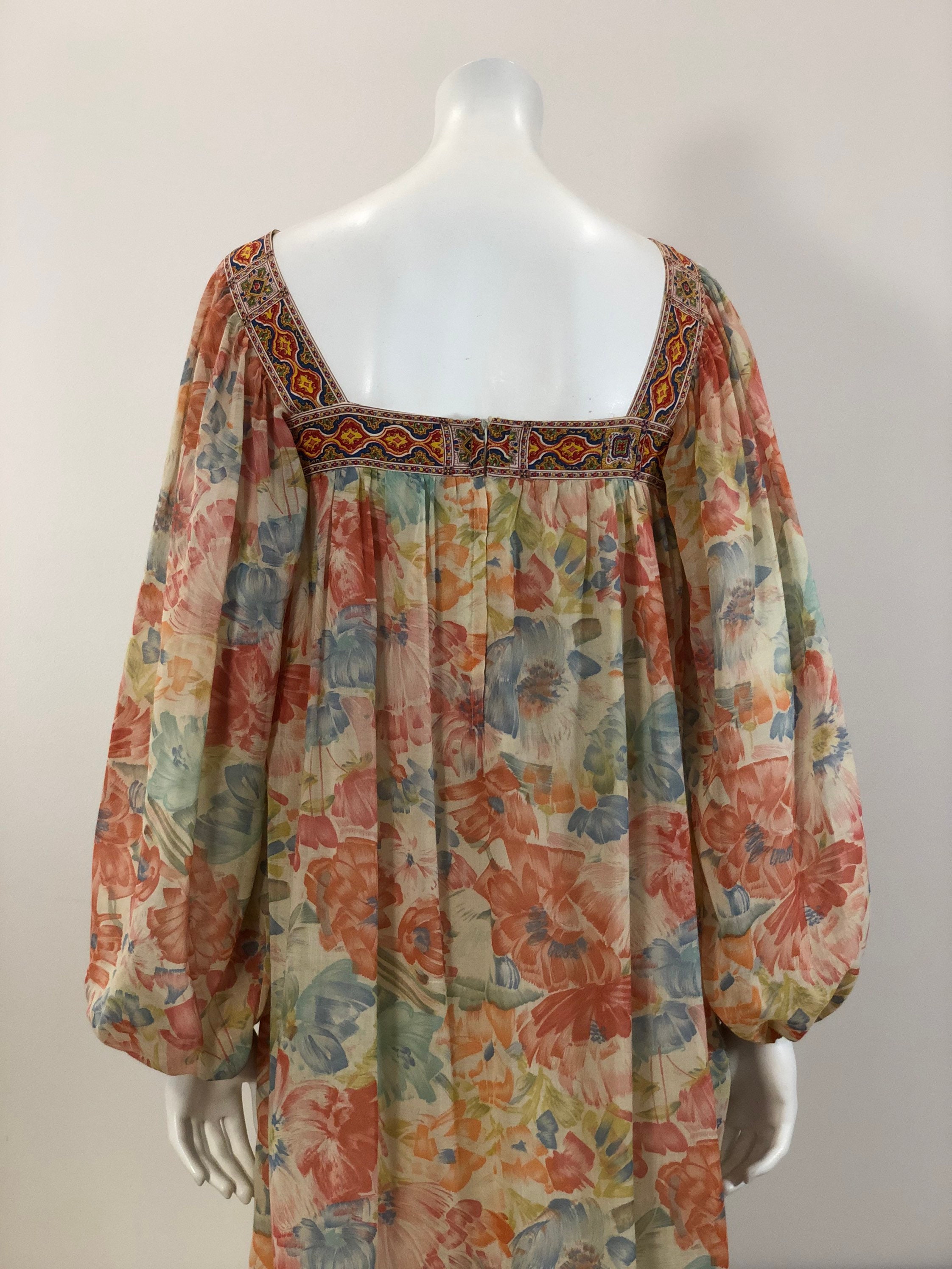 Vintage Tina Leser Watercolor Floral Print Maxi Dress W/ Full Sleeve ...
