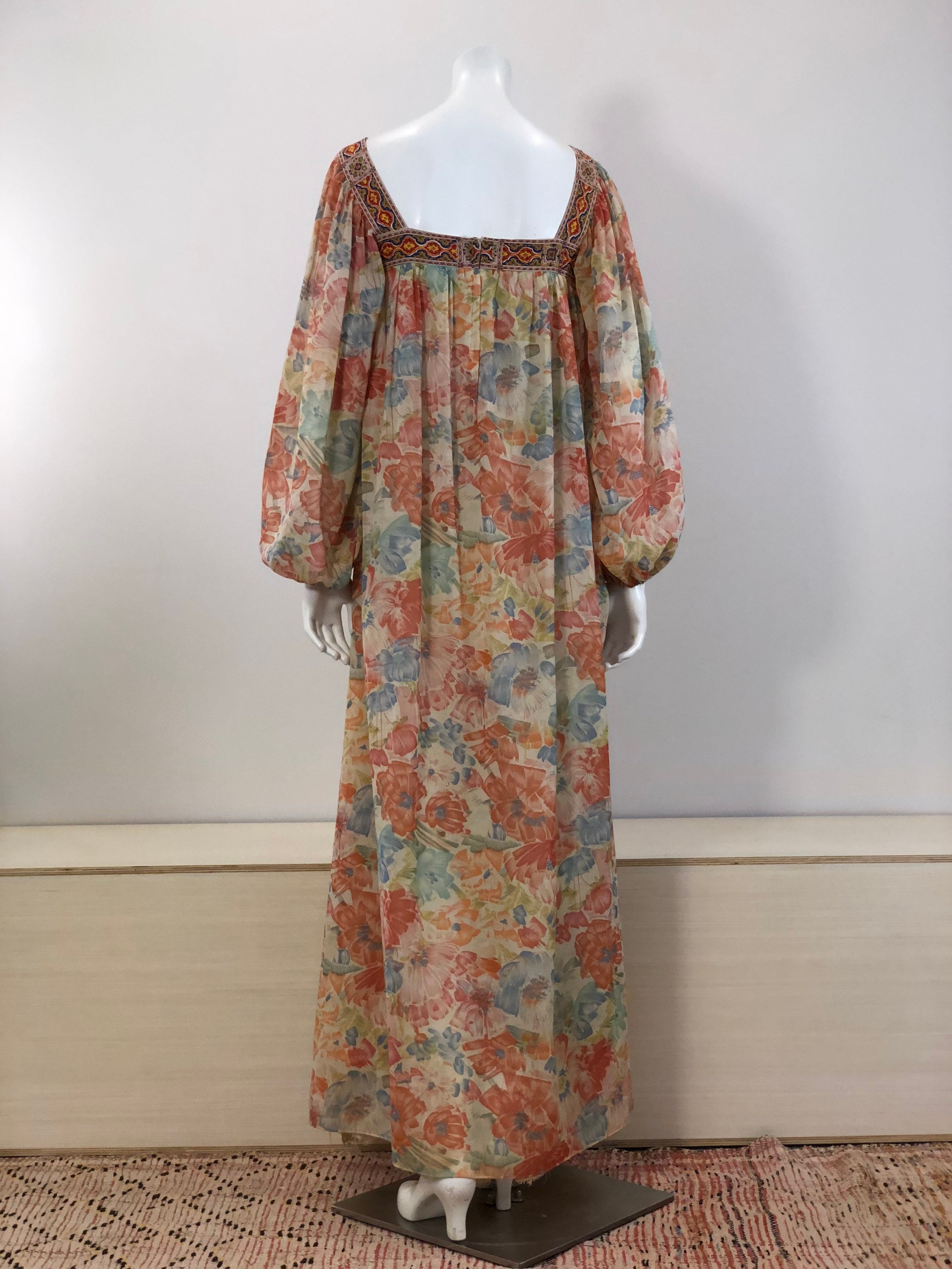 Vintage Tina Leser Watercolor Floral Print Maxi Dress W/ Full Sleeve ...