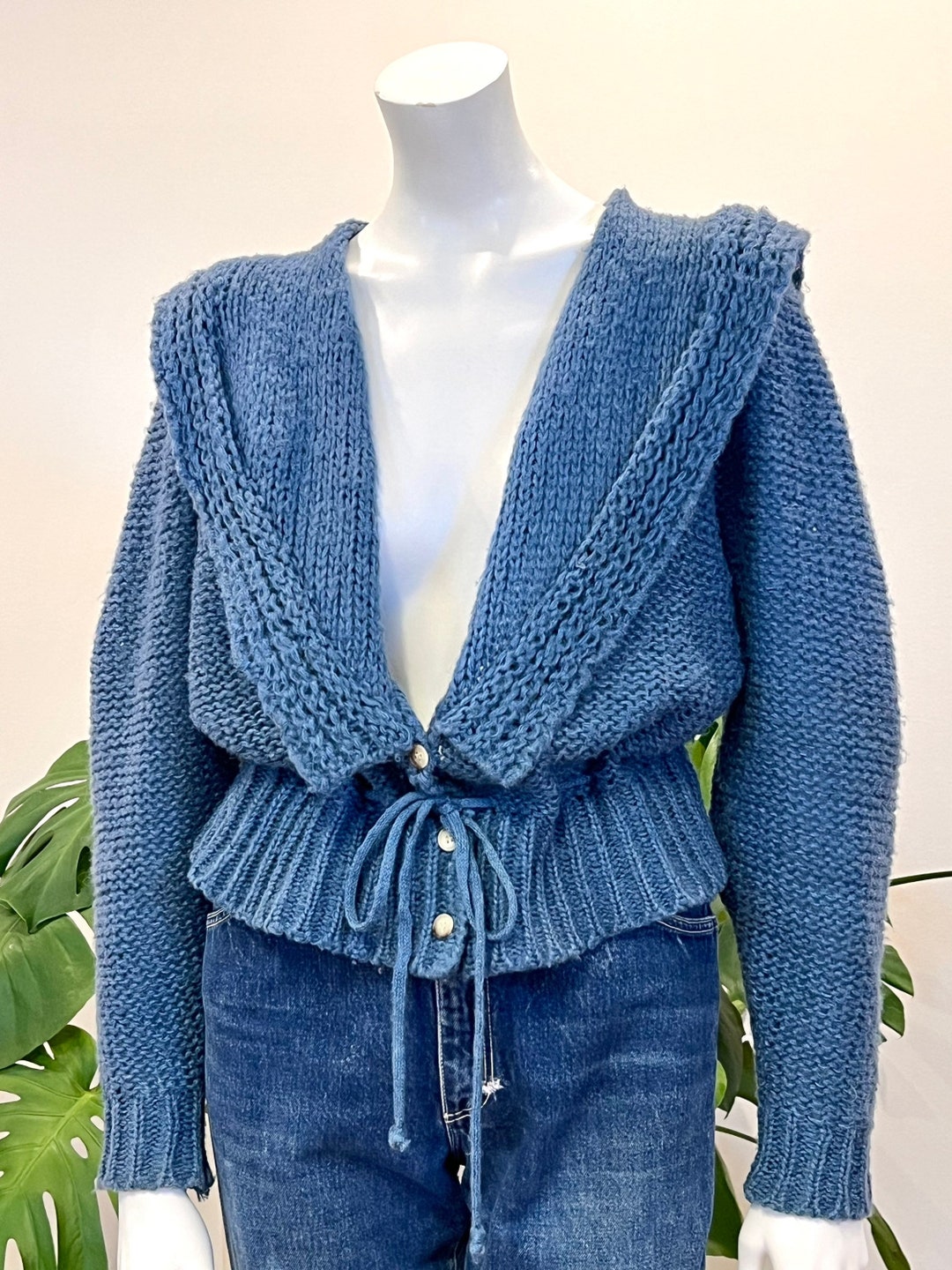 Vintage Steel Blue Wool Knit Cardigan W/ Drawstring Tie Peplum Waist ...