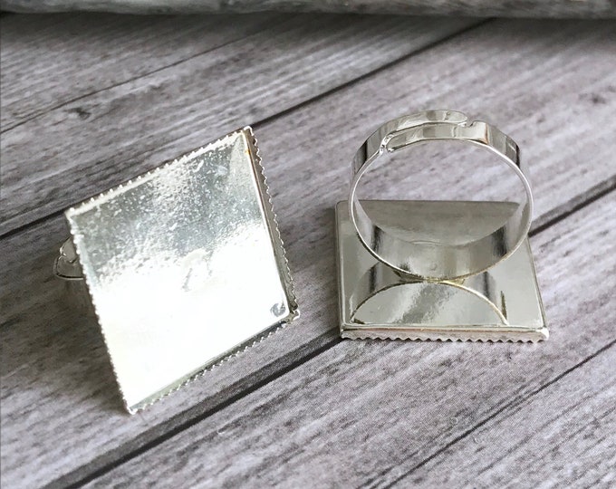 20mm Unisex Ring Bases, Silver Plated Blank Square Pad Base Adjustable ...