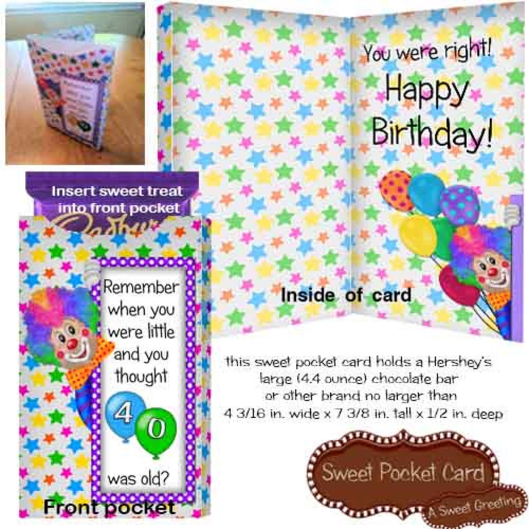Printable Large 40th Birthday Clown Pocket Card for Large Candy Bar - Etsy