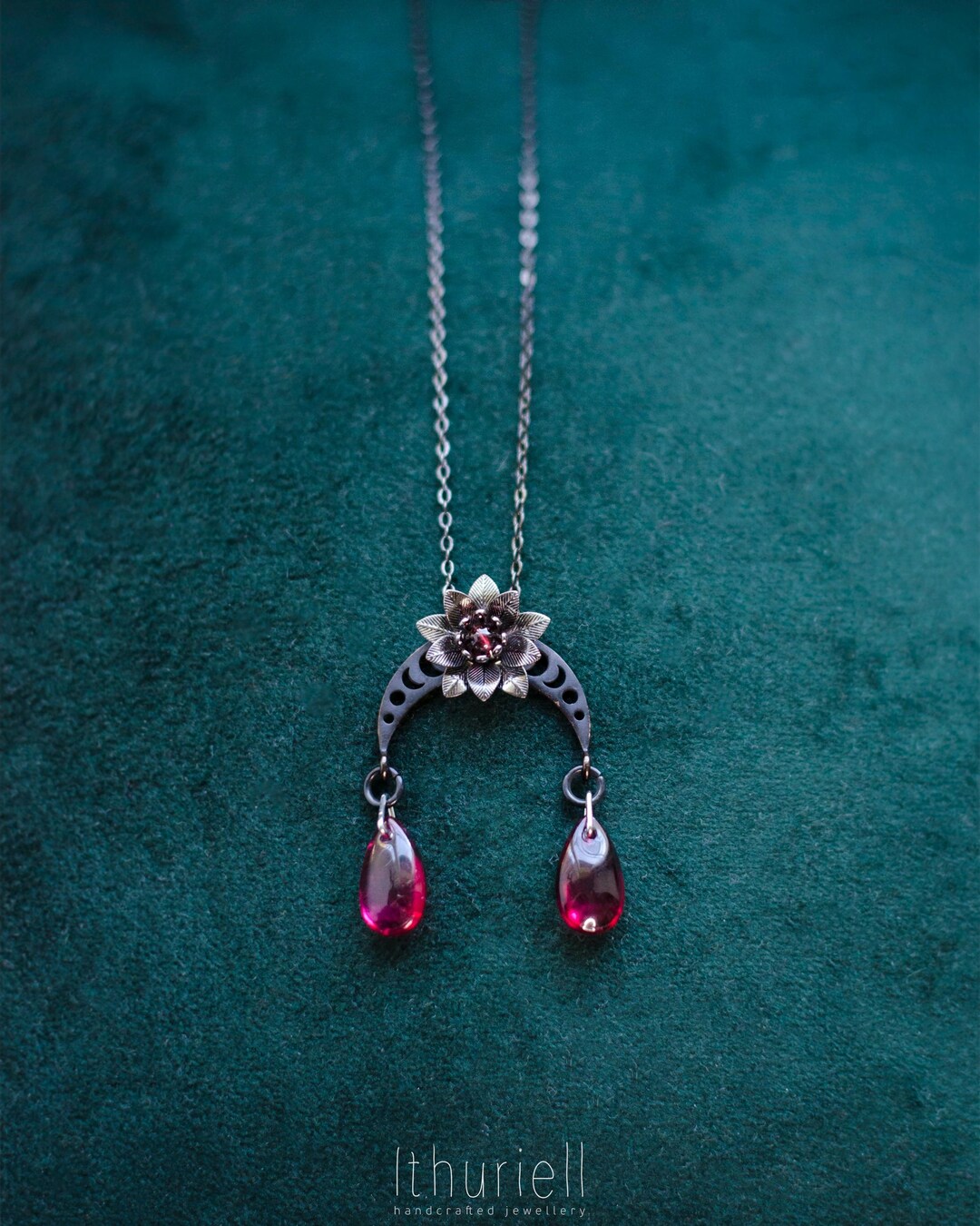 Moon Bite - Black Moon Phase Floral Necklace With Garnet and Red ...