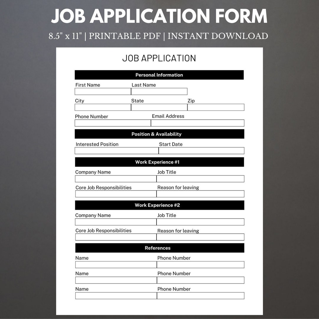Job Application Form | 8.5" X 11" Instant Download Printable - Etsy