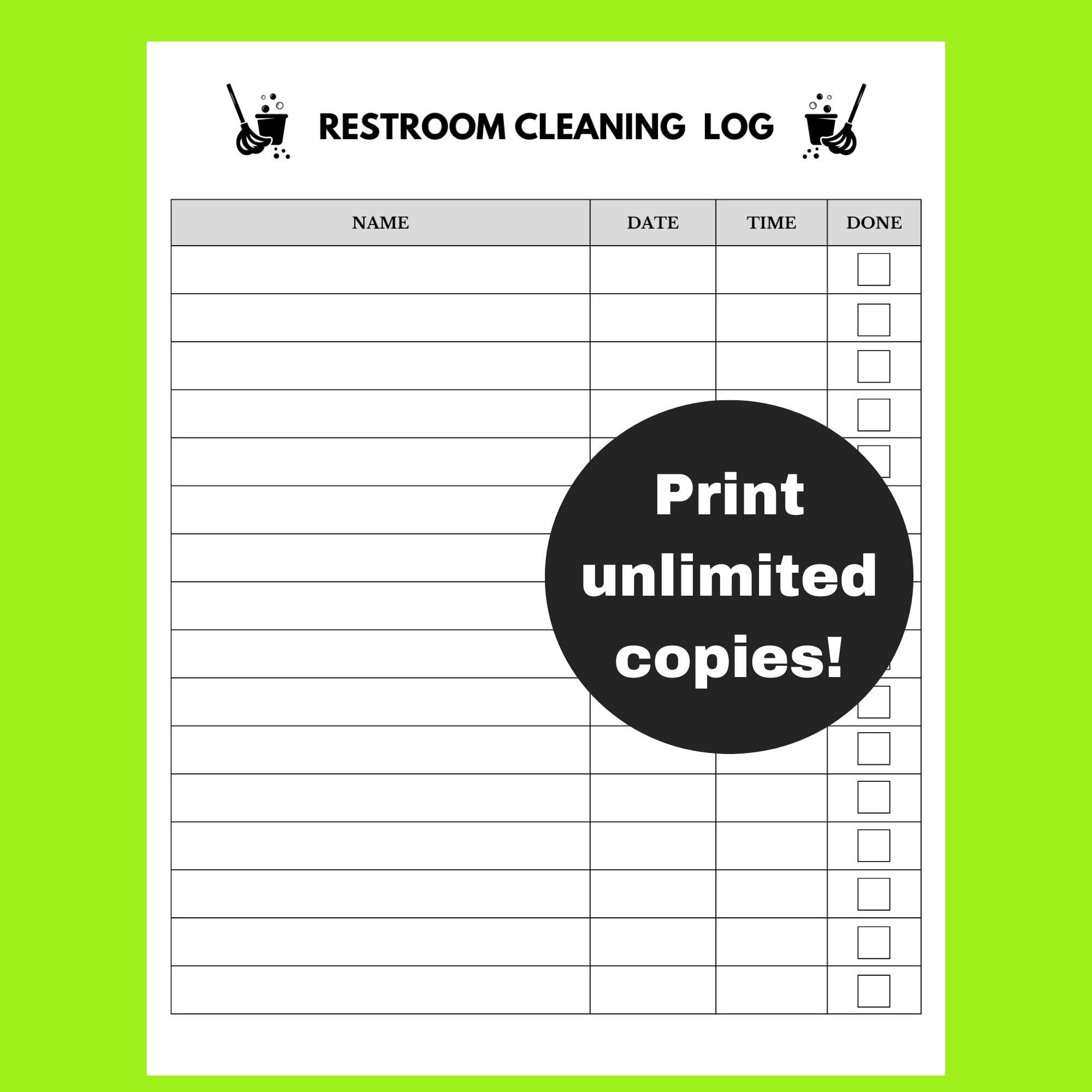 Restroom Cleaning Log | 8.5" X 11" Instant Download Printable - Etsy