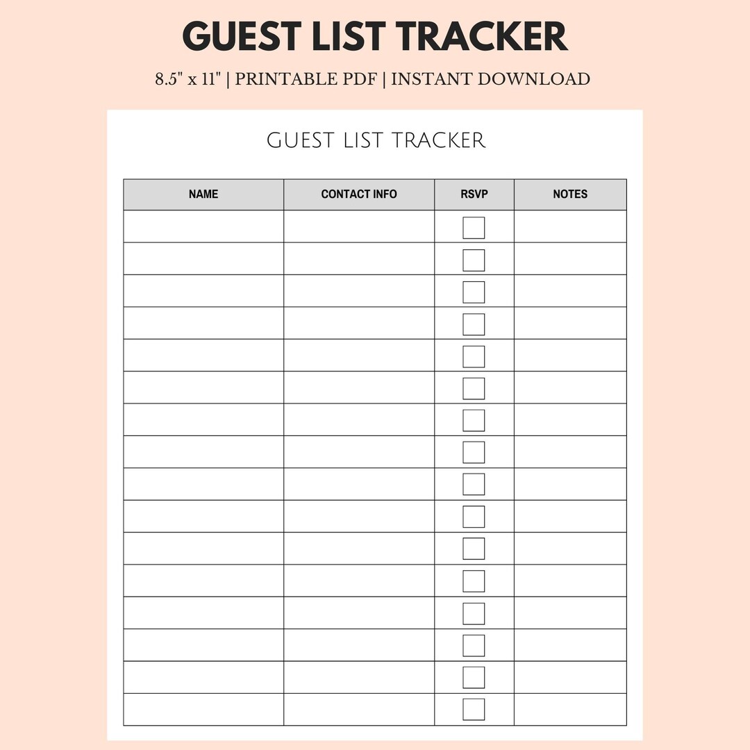 Guest List Tracker | 8.5" X 11" Instant Download Printable - Etsy
