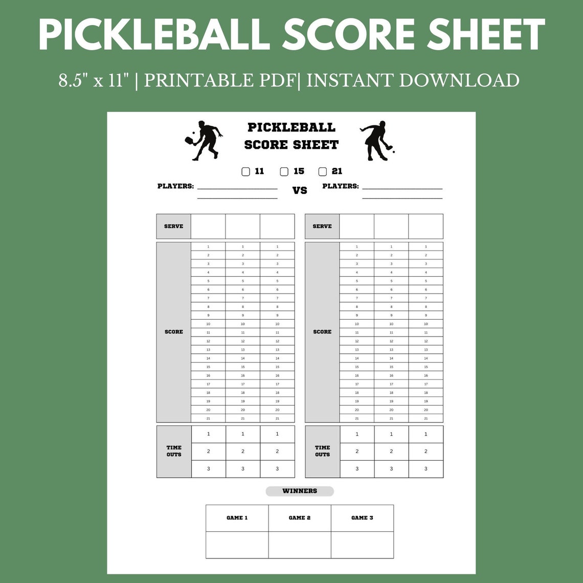 Pickleball Score Sheet | 8.5" X 11" Instant Download Printable - Etsy