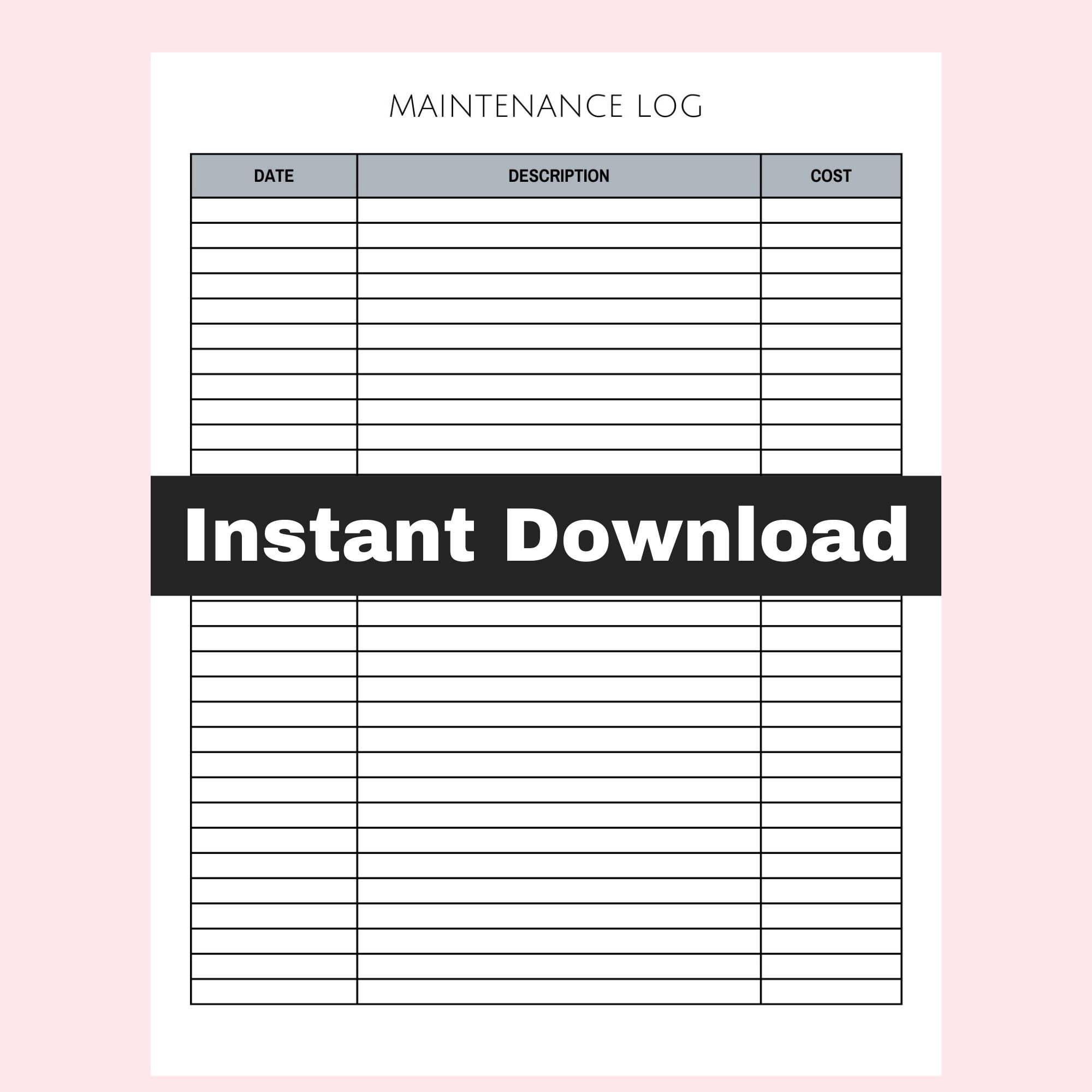 Maintenance Log | 8.5" X 11" Instant Download Printable - Etsy