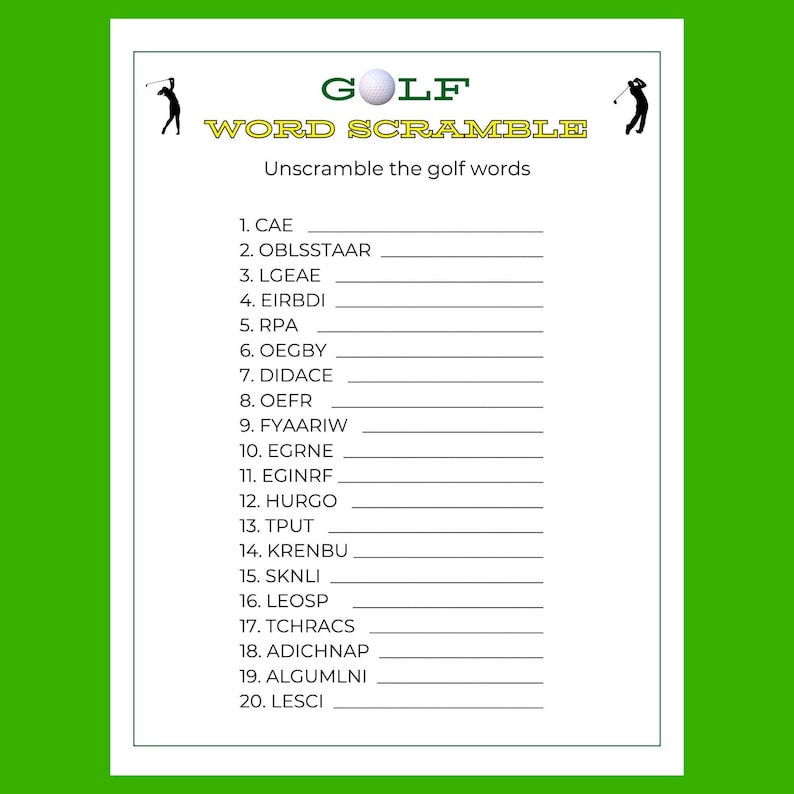 Golf Word Scramble | Comes in 5" X 7" and 8.5" X 11" - Etsy