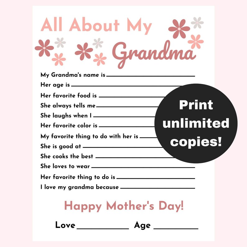 Mother's Day Questionnaire Printable for Grandmas | 8.5" X 11" Instant ...