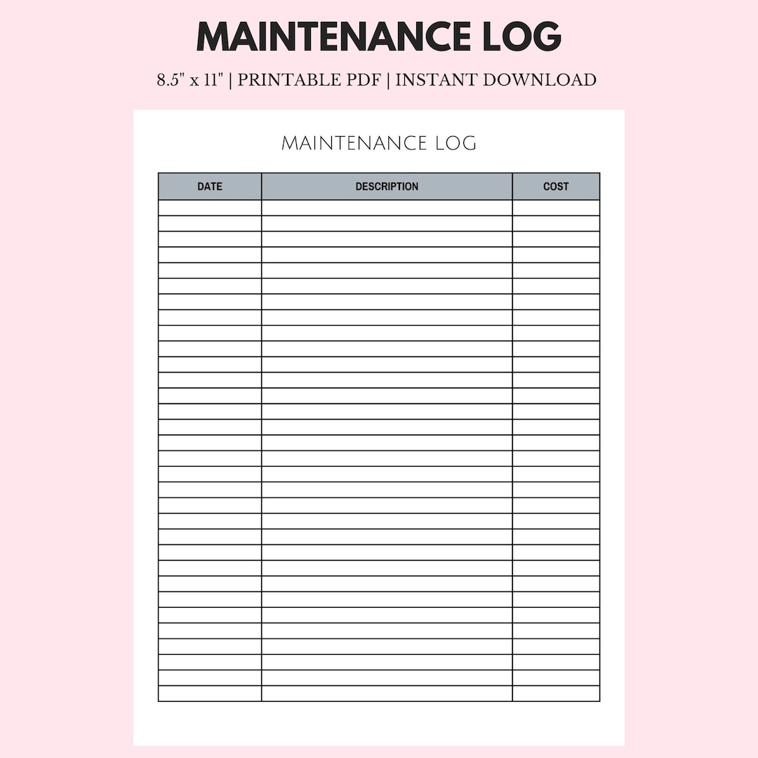 Maintenance Log | 8.5" X 11" Instant Download Printable - Etsy