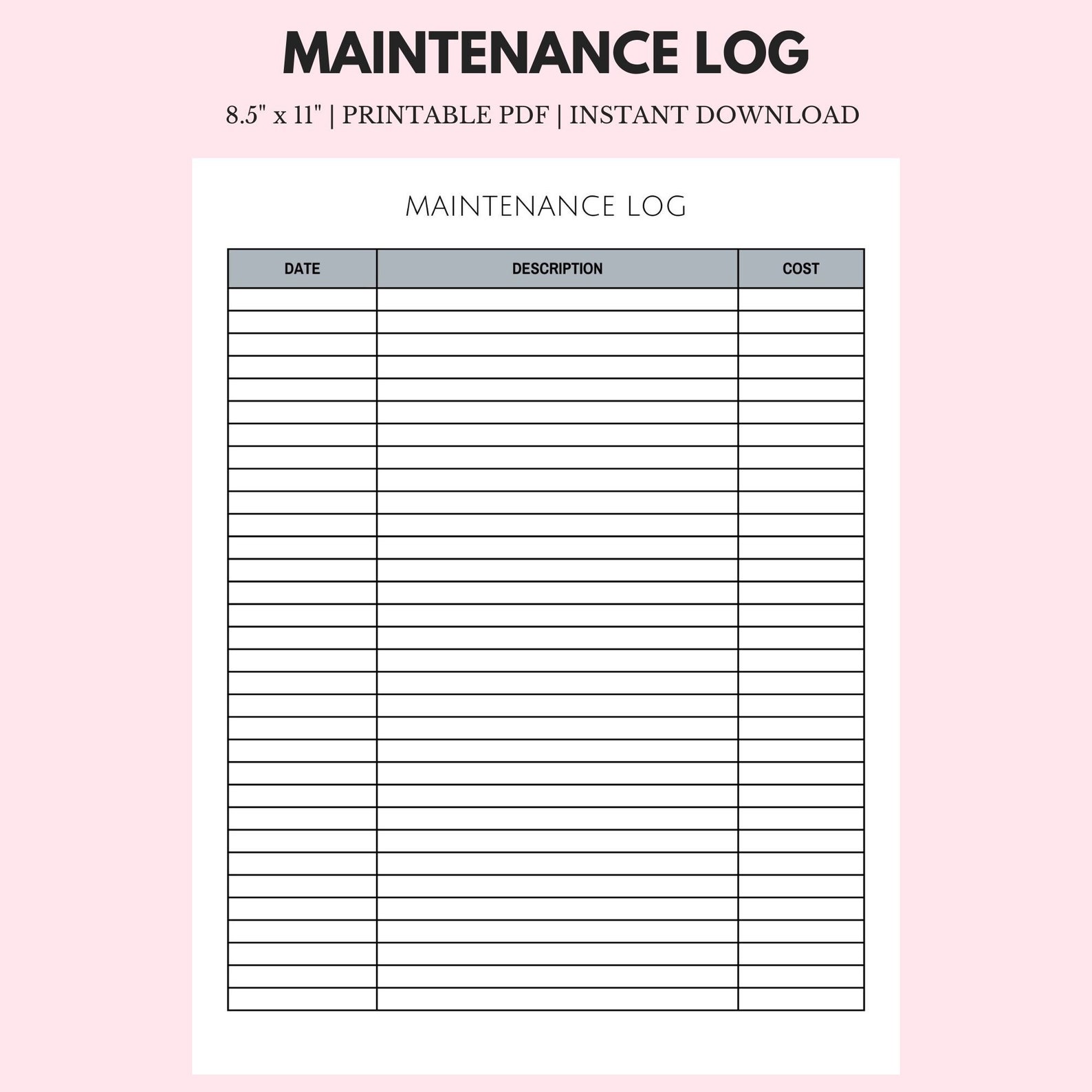 Maintenance Log | 8.5" X 11" Instant Download Printable - Etsy