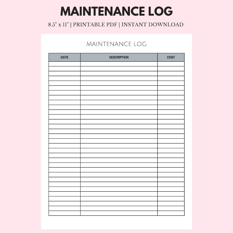 Maintenance Log | 8.5" X 11" Instant Download Printable - Etsy