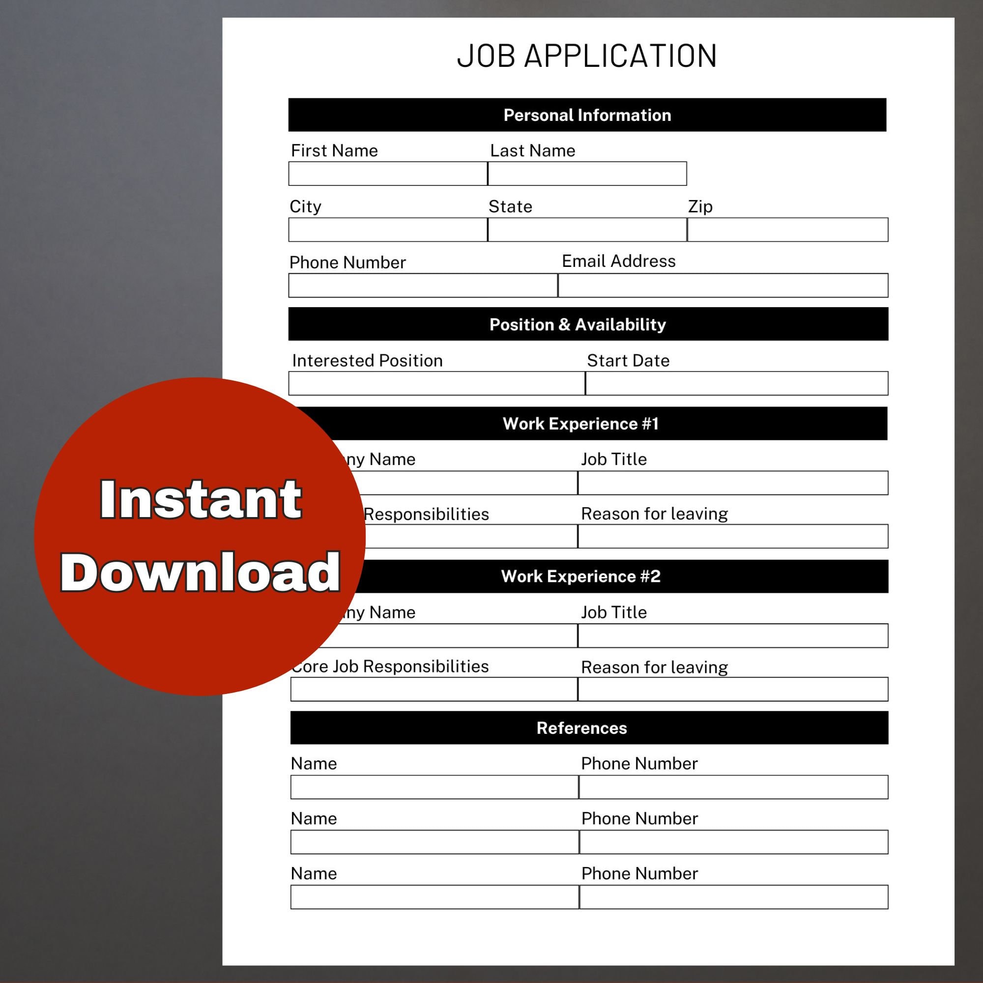 Job Application Form | 8.5" X 11" Instant Download Printable - Etsy