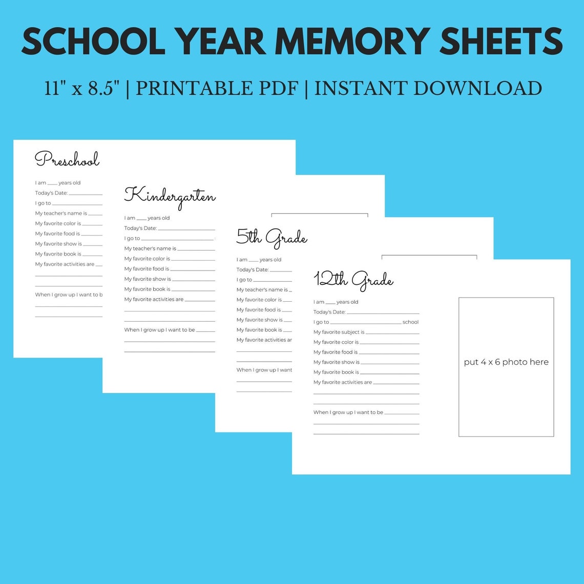 School Year Memory Sheets | 11" X 8.5" Instant Download Printable - Etsy