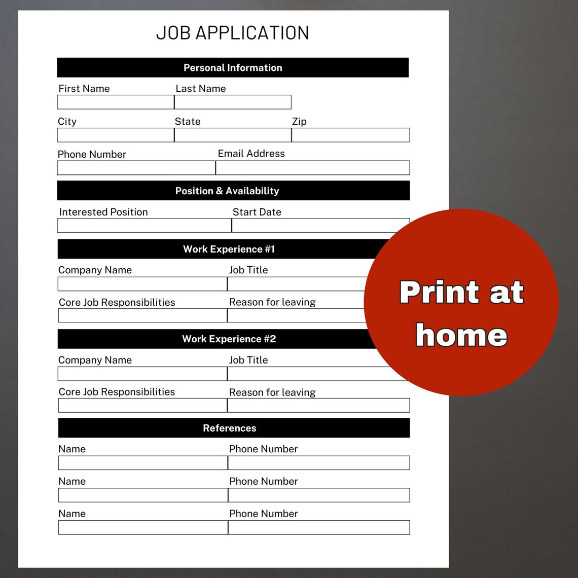 Job Application Form | 8.5" X 11" Instant Download Printable - Etsy