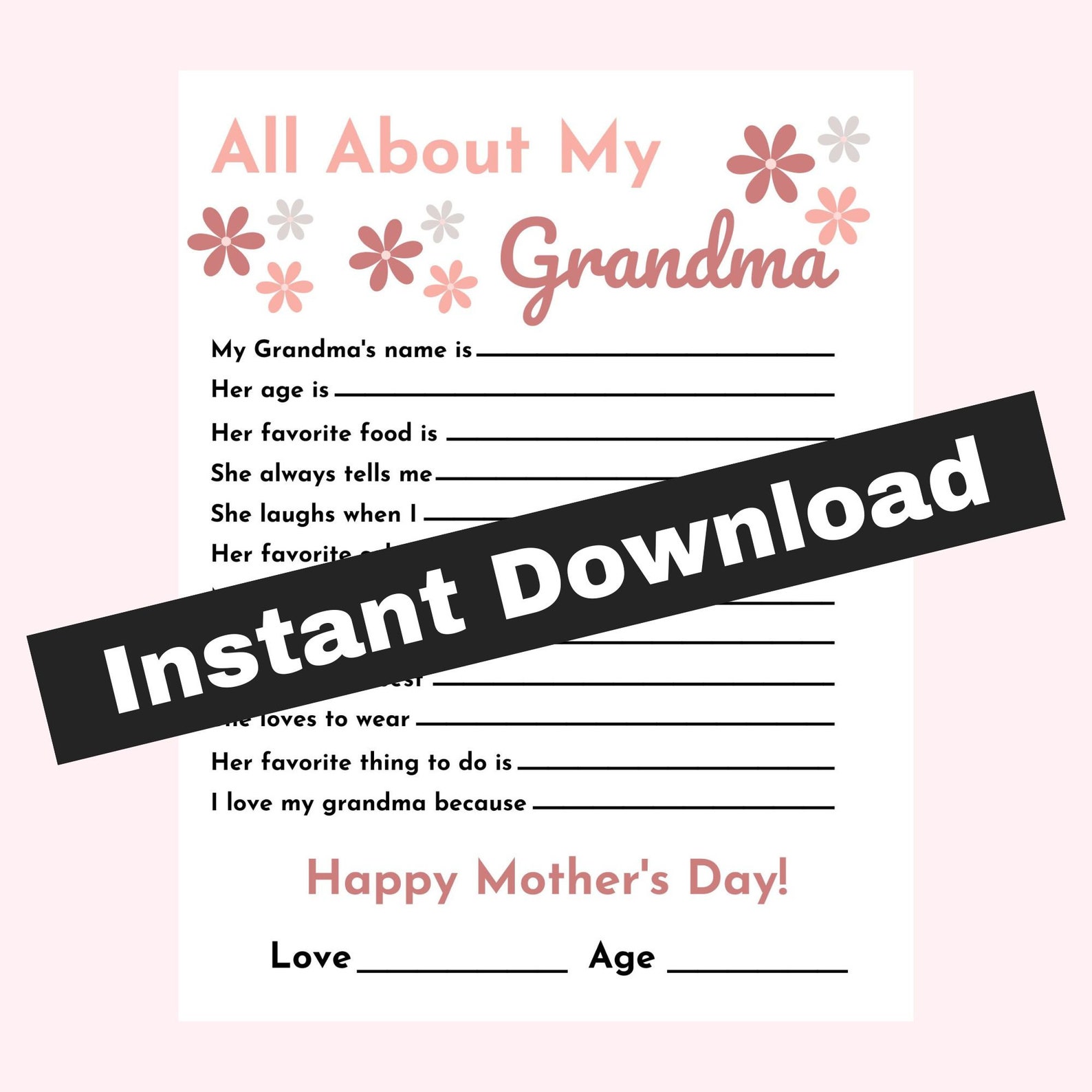 Mother's Day Questionnaire Printable for Grandmas | 8.5" X 11" Instant ...