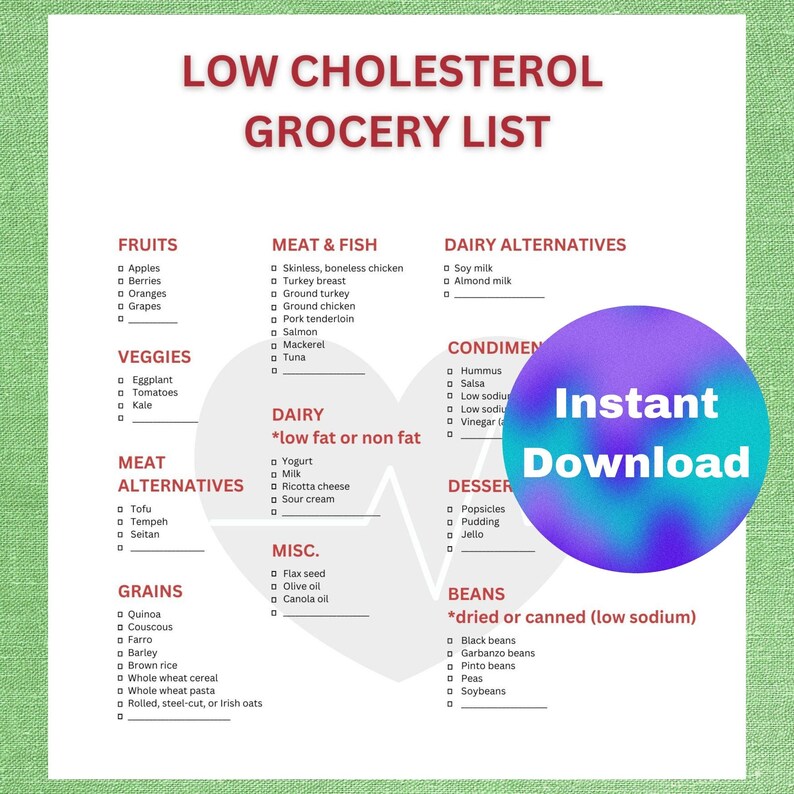 Low Cholesterol Grocery List | 8.5" X 11" Instant Download Printable - Etsy