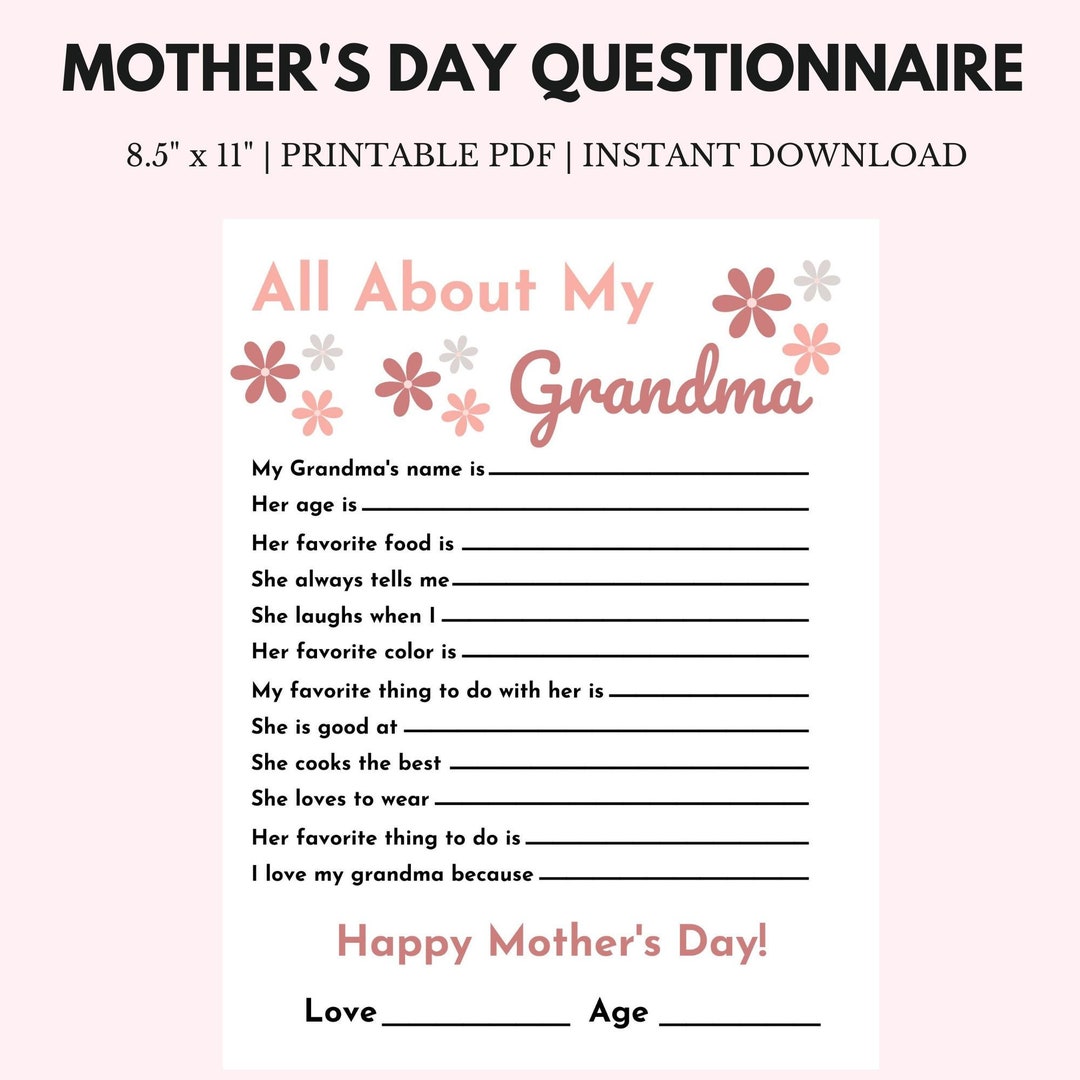 Mother's Day Questionnaire Printable for Grandmas | 8.5" X 11" Instant ...