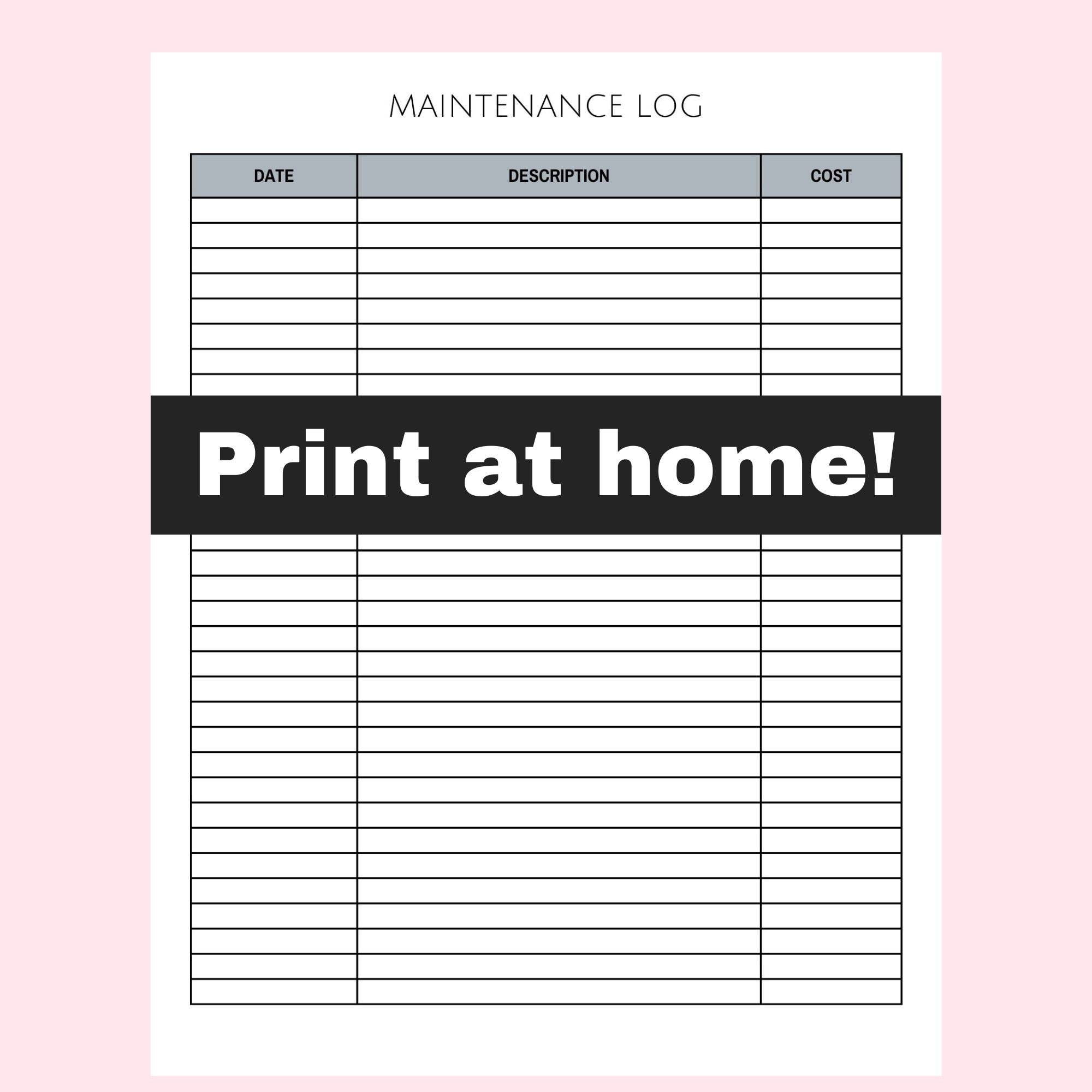 Maintenance Log | 8.5" X 11" Instant Download Printable - Etsy