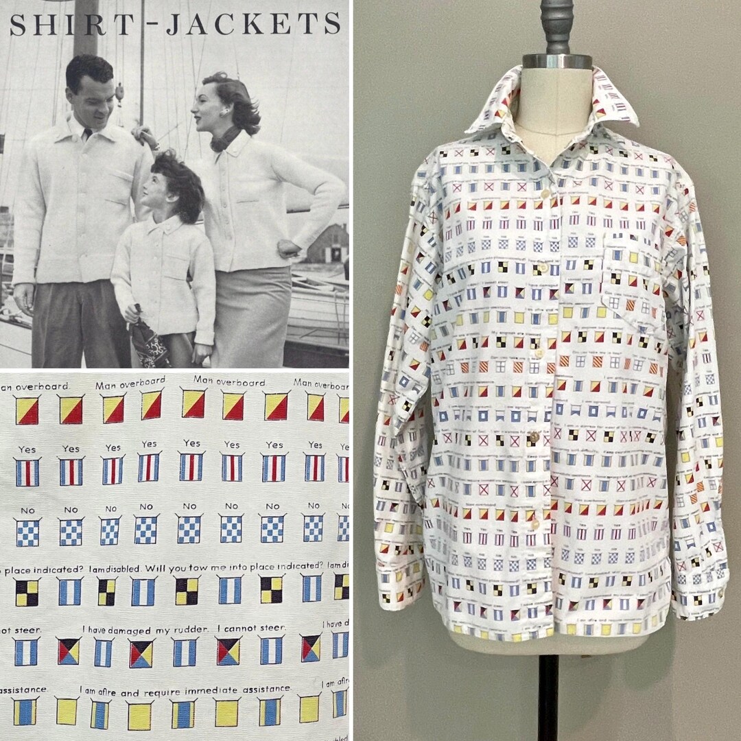 1950s 1960s Shirt Jac, NAUTICAL FLAGS Thermo Jac Cotton Canvas Button ...