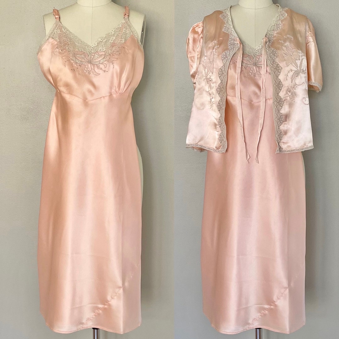 S-XS, 1940s Nightgown & Bed Jacket, Slip Dress, Lace Trim, Pink Satin ...