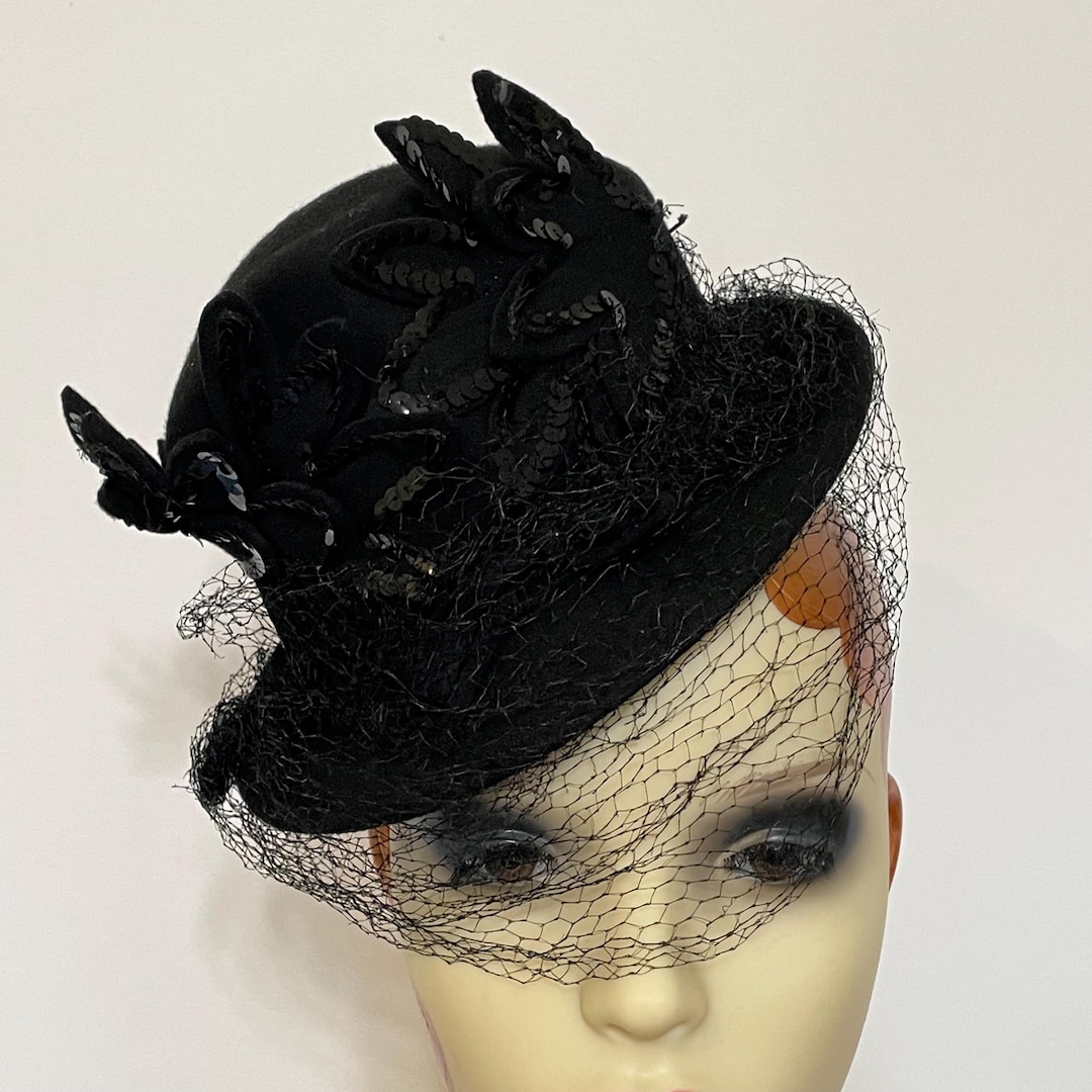 1930s 1940s Black Equestrian Top Hat; Veil & Sequins - Etsy