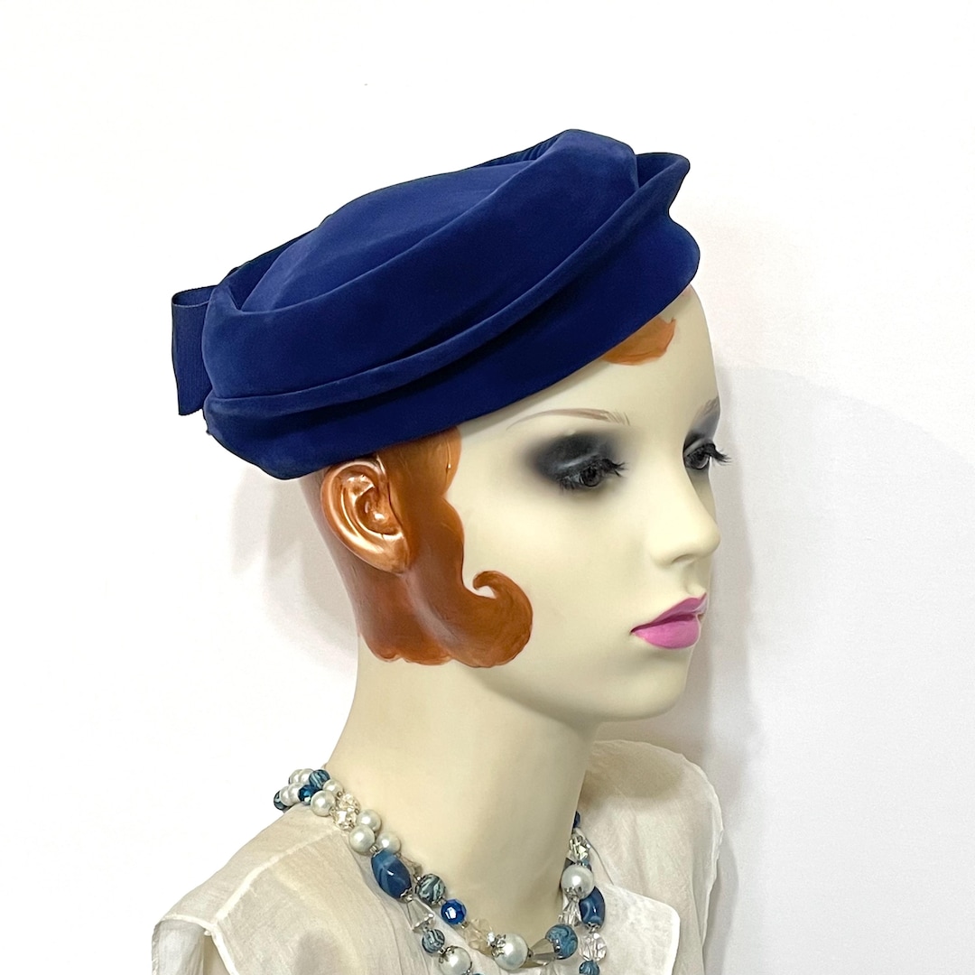 1950s Hat, Pillbox Hat, Velvet Hat, Half Hat, Royal Blue Rayon Velvet ...