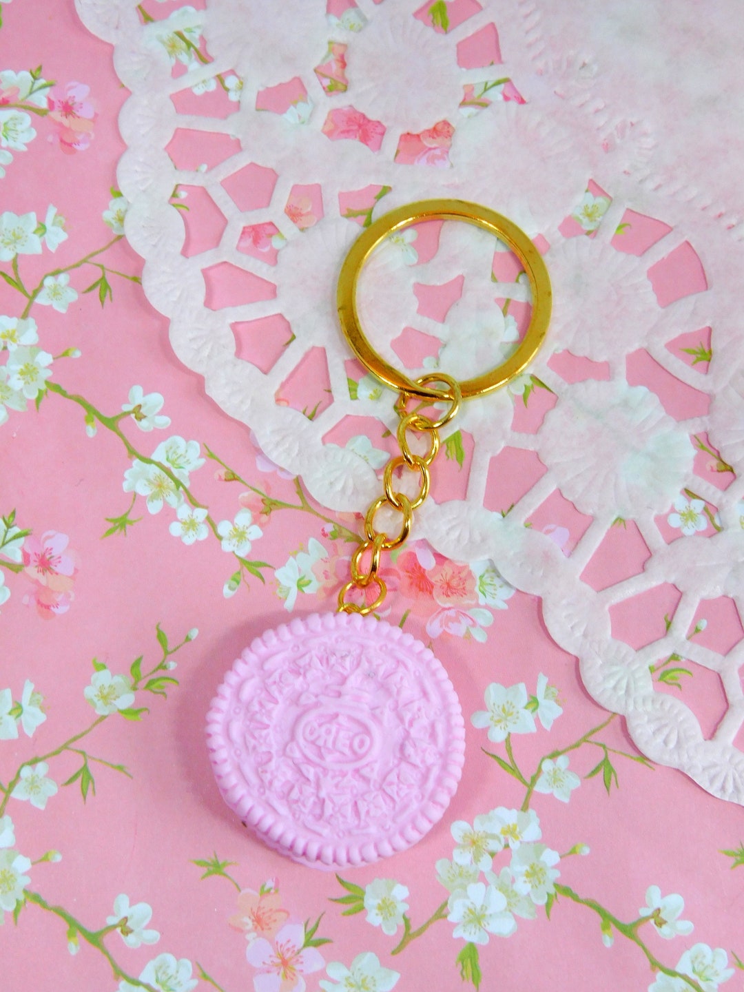 Golden Keychain Oreo Biscuit With Strawberry Fimo - Etsy