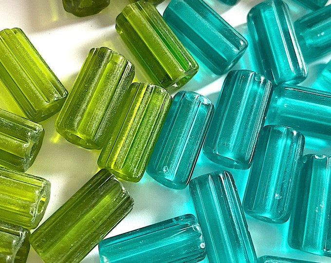 11 Vintage Translucent Olive Green or Teal Ribbed Glass Tube Beads ...