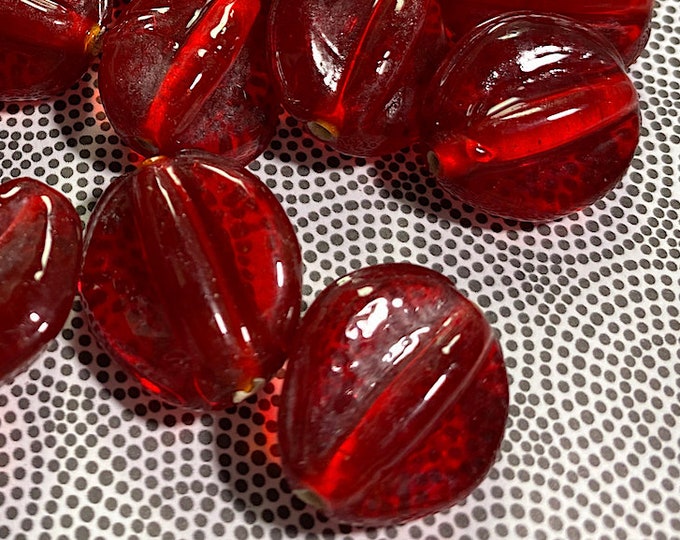 9 Vintage Large Translucent Ruby Red 4 Fin, Handmade Melon Glass Beads ...