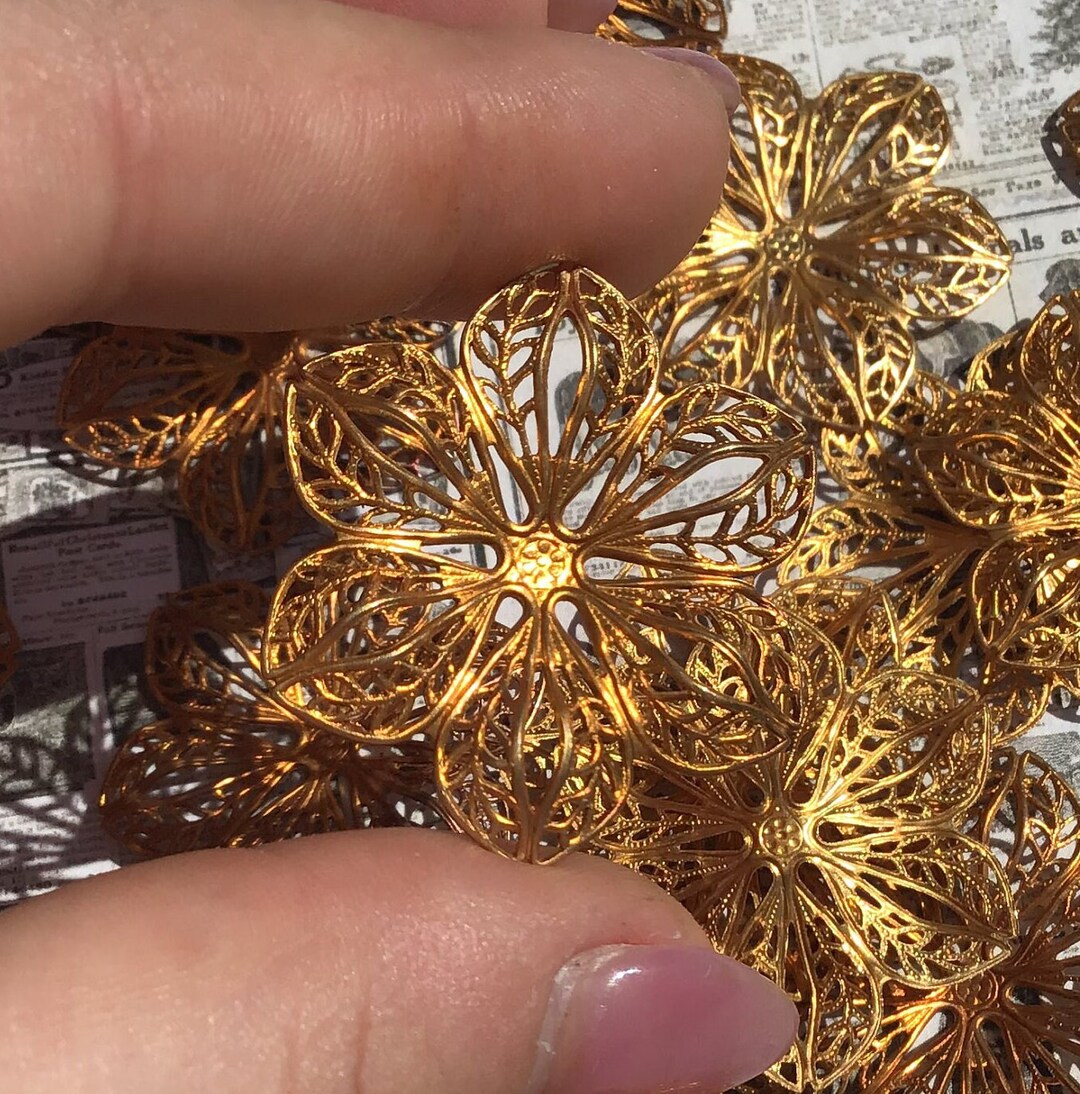 4 Vintage Brass Filigree 6 Petal Flowers, Dapped at Center, 34mm in ...