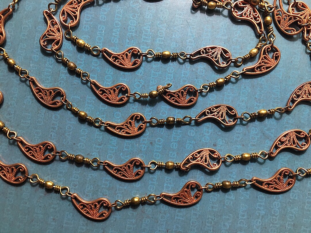 6 Feet Brass and Filigree Copper Plated Chain , Vintage, Bracelet ...