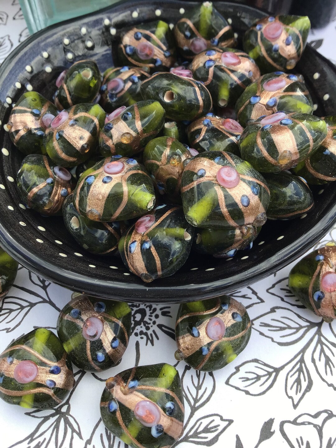 2 Large Translucent Olive Green, Wedding Bead, Glass Heart Beads With ...