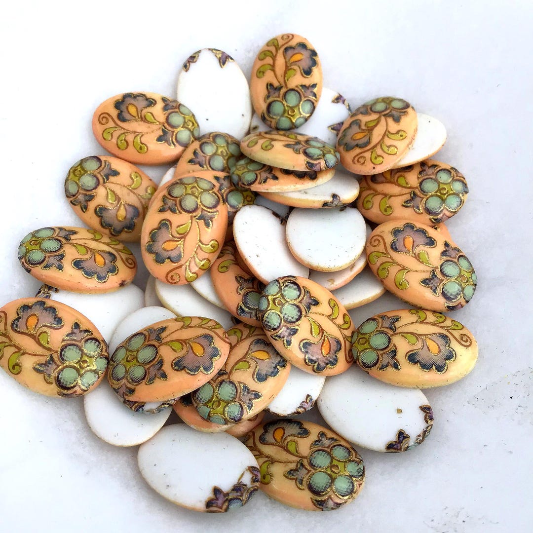 4 Vintage Oval Floral Acrylic Porcelain-style Cabochons, Peach & Green ...
