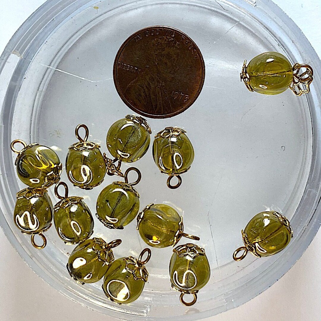 6 Vintage Translucent Olive Green Luster Glass Charms, Pinch Beads With ...
