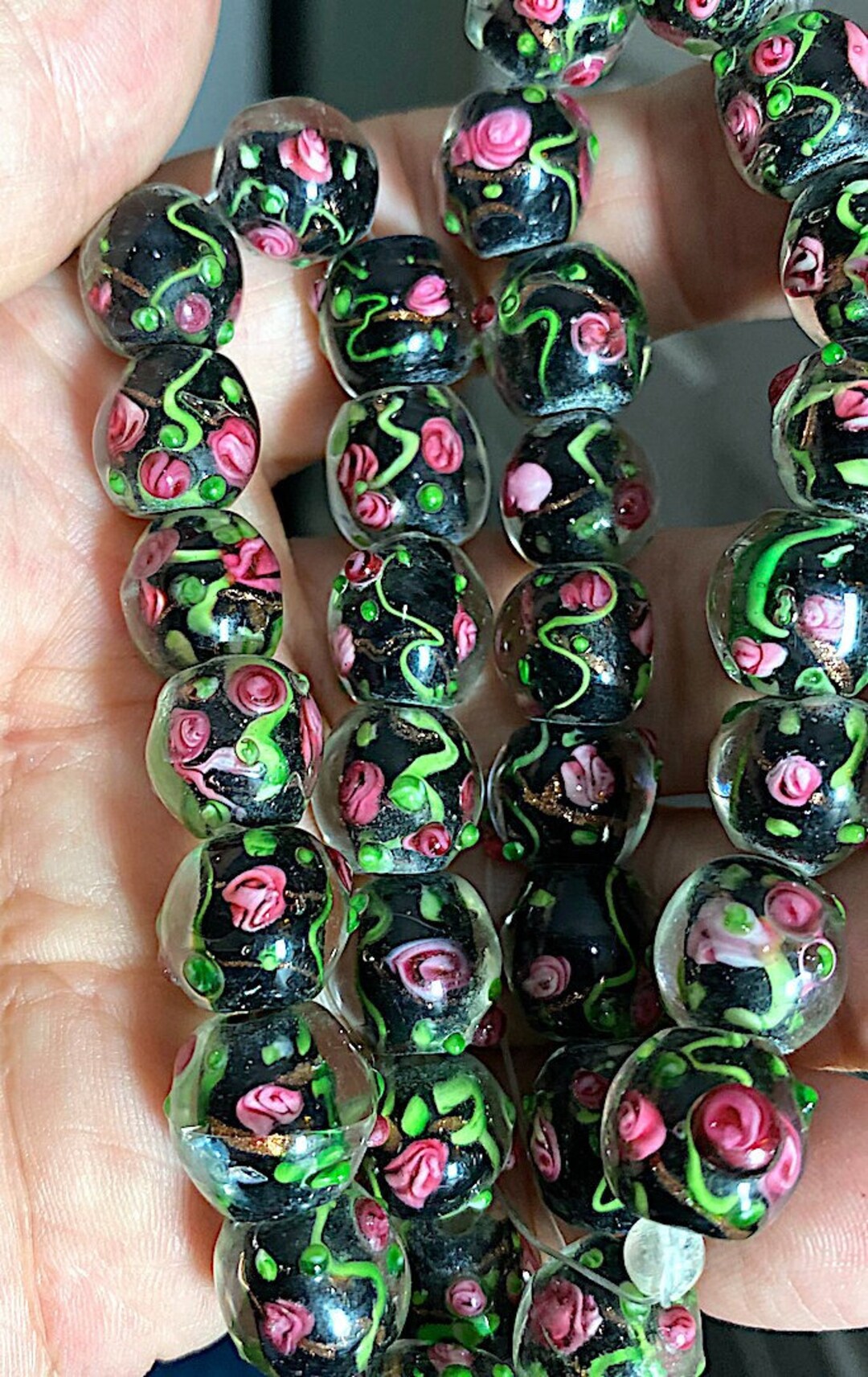 6 Vintage Pink Rose Lampwork Glass Beads - Black Background - 11mm D21 ...