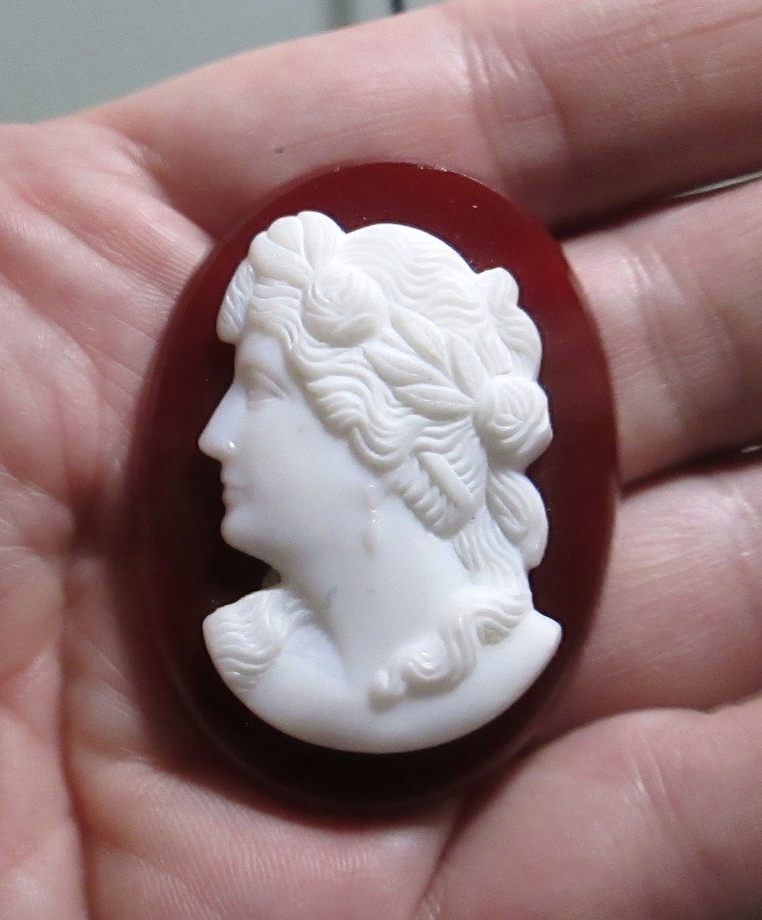 1 Vintage Opaque White Glass Woman on Carnelian Semi-opaque Background ...