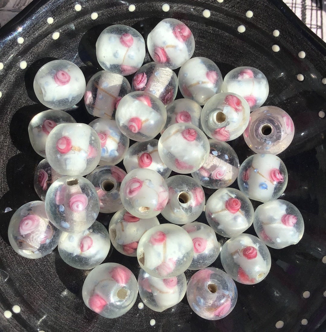 6 Vintage Handmade Drak Pink Rose Beads, With Blue Spots, 12mm, Z3-62 ...