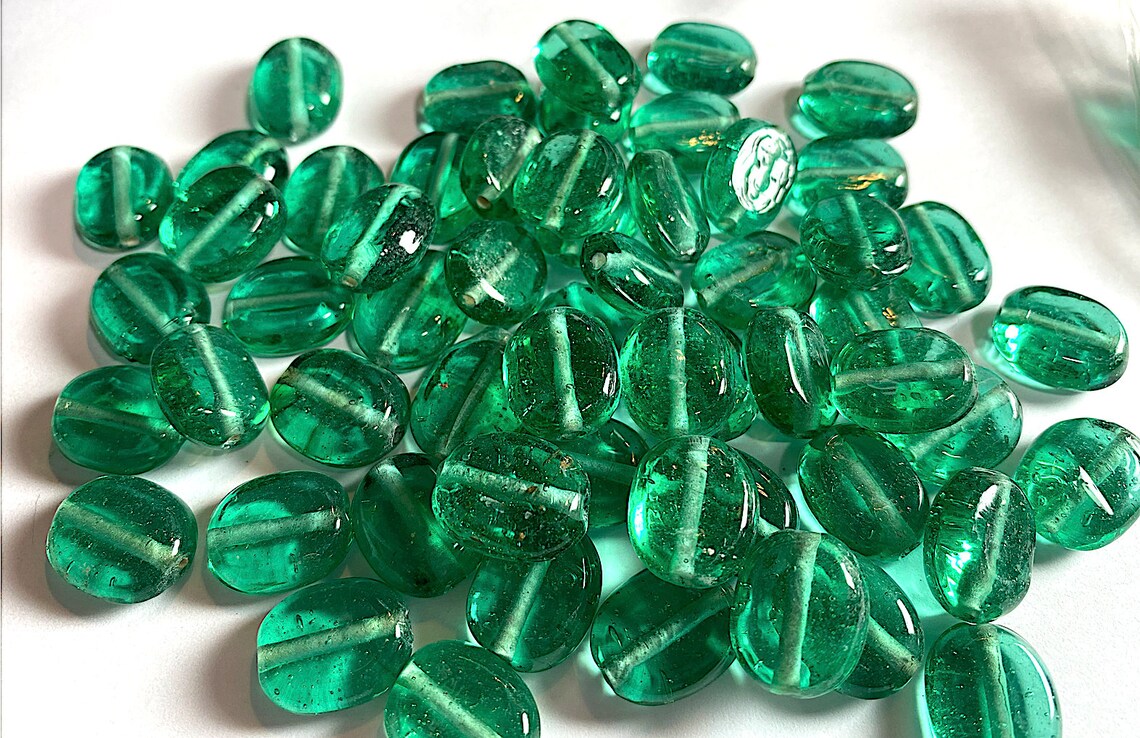 10 Vintage Transparent Teal Green Glass Lozenge Oval Beads - Etsy