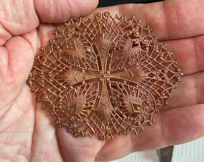 1 Large Vintage Copper Plate Filigree Finding Oval Design. Approx. 63mm ...