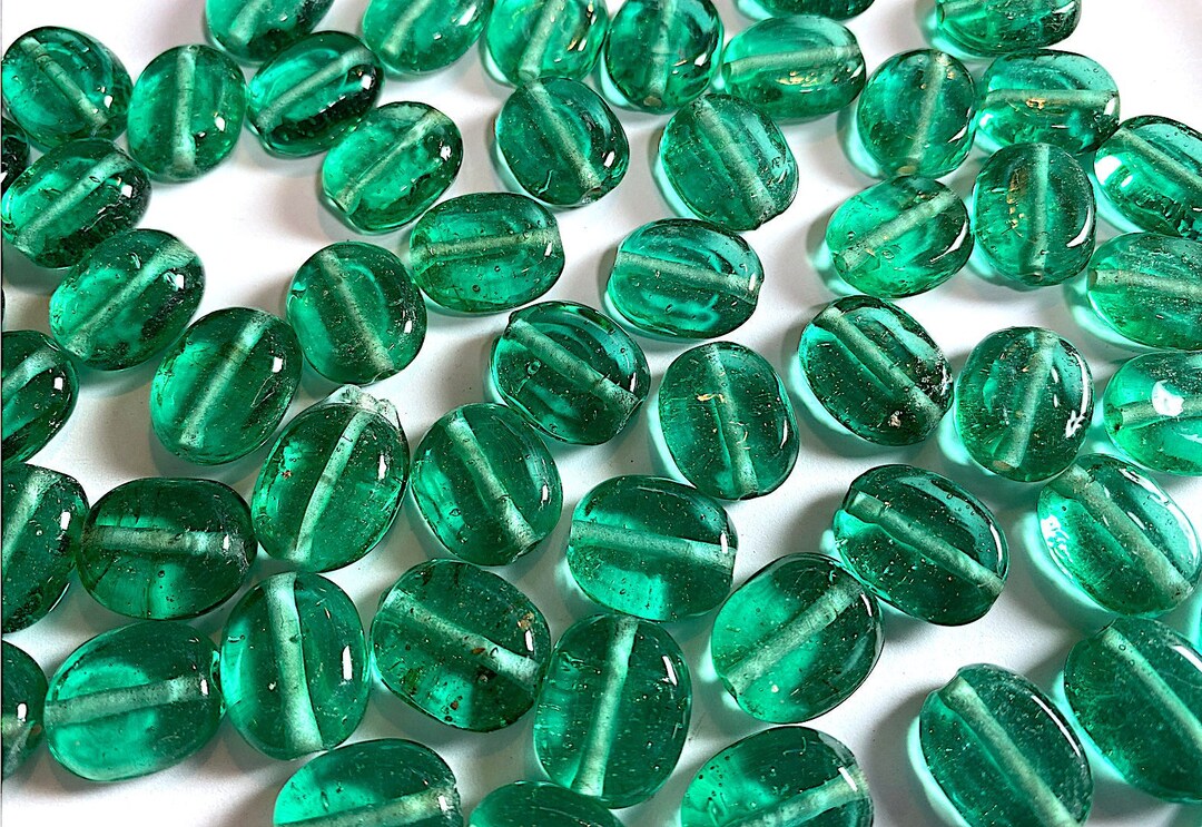 10 Vintage Transparent Teal Green Glass Lozenge Oval Beads, Approx. 15 ...