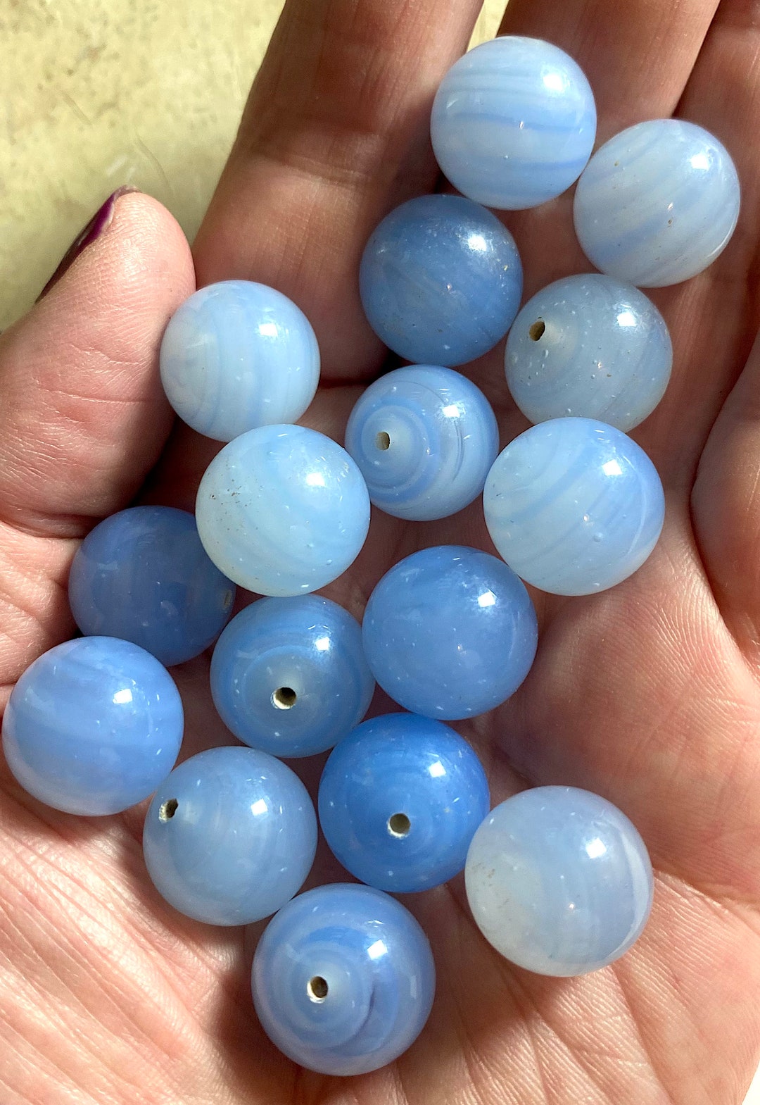 2 Vintage Handmade Periwinkle Blue, Light Swirl Round Glass Beads ,1/2 ...