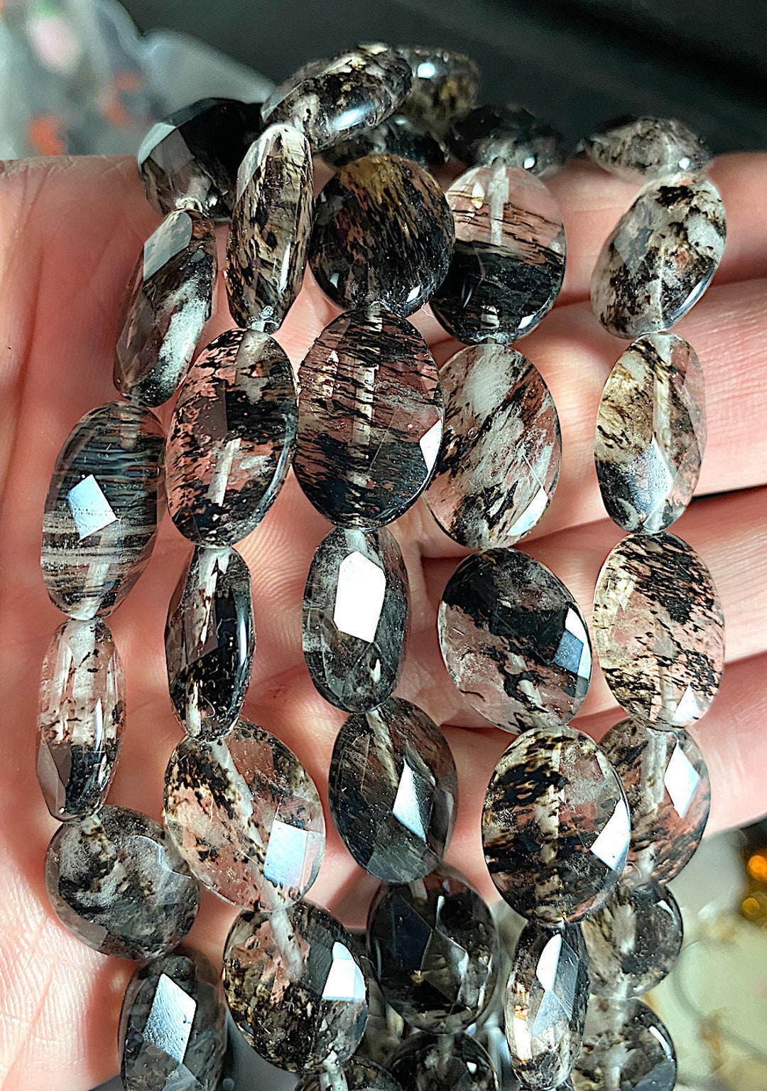 1 Strand Natural Black Hair Quartz, Faceted Beads, Semi Precious Stone ...