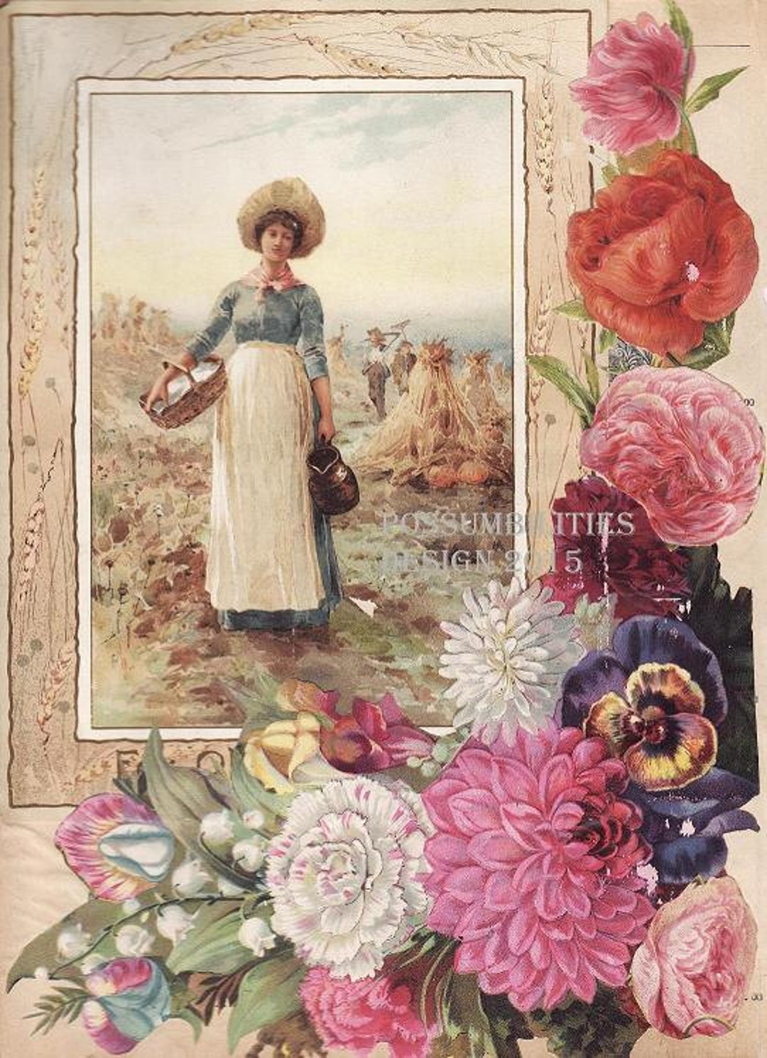 Vintage Victorian Scrapbook Page Woman and Flowers Colorful Collage ...